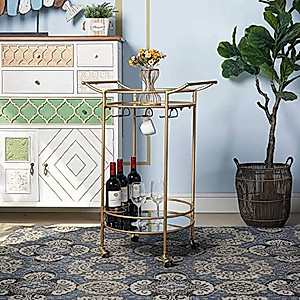 Round Gold Rolling Bar Cart with 2 Mirror Shelves, Wine Rack and Lockable Casters, Suitable for Home Kitchen, Club, Living Room, Thanksgiving, Christmas, New Year, 22"X18"X33"