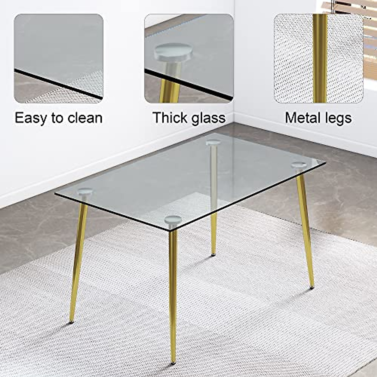 POULEII Glass Dining Table,Modern Minimalist Rectangular Table with Tempered Glass Tabletop and Golden Chrome Metal Legs for 6-8, Space Saving Dining Table for Kitchen Dining Room