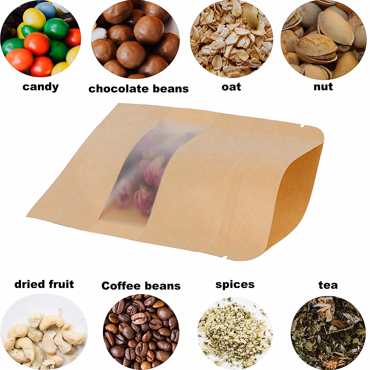 SHEUTSAN 500 Pack Kraft Bags with Window, 3.5 x 5.5 Inches Stand Up Storage Pouches Ziplock Sealing Packaging Paper Bag Resealable Sample Bags for home and business use