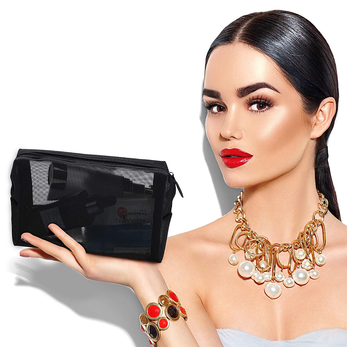 Sadnyy 5 Pieces Mesh Makeup Bag Portable Toiletry Bag Travel Mesh Cosmetic Bag Black Breathable Mesh for Accessories Organizer (7.1 x 4 x 2.4 Inch)