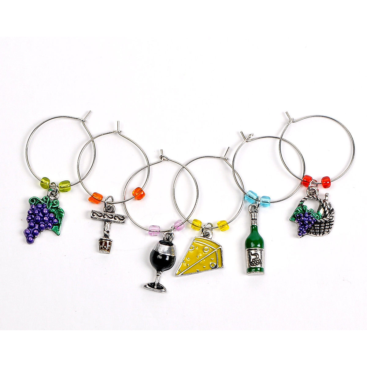 Wine and Grapes Wine Glass Charms, Drink Markers-Charms for Wine Glasses-Set of 6 with Sateen Storage Bag by Cork & Leaf