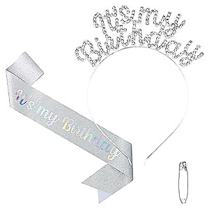 BAHABY Birthday Crowns for Women, It's My Birthday Sash & Birthday Headband Set Princess Birthday Sash and Rhinestone Tiara Birthday Gifts for Women Girls Sweet Happy Birthday Accessories for Party- Silver