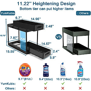 YumKubis Under Sink Organizers and Storage, 2 Tier Sliding Bathroom Cabinet Organizer, Pull Out Under Sink Storage, Black Bathroom Counter Organizer with Drawers & 4 Hooks for Kitchen, Bathroom