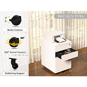 3 Drawer File Cabinet with Lock, Mobile Rolling File Cabinet, Under Desk File Cabinet Fully Assembled Except Casters, Metal Small Filing Cabinet for Home Office