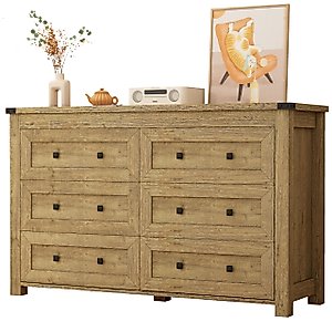 Dresser for Bedroom with 6 Drawers, Farmhouse Wood Chest of Drawers, Modern TV Stand Closet Storage Furniture with Metal Handle, Wide Clothes Organizer for Hallway, Living Room, Entryway, Gold Oak