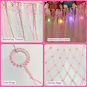 Stuffed Animal Net or Hammock with LED Light, Toy Hammock Hanging Stuffed Animal Storage Organizer Holder for Nursery Playroom Bedroom Kids Room Toy Storage (Pink)