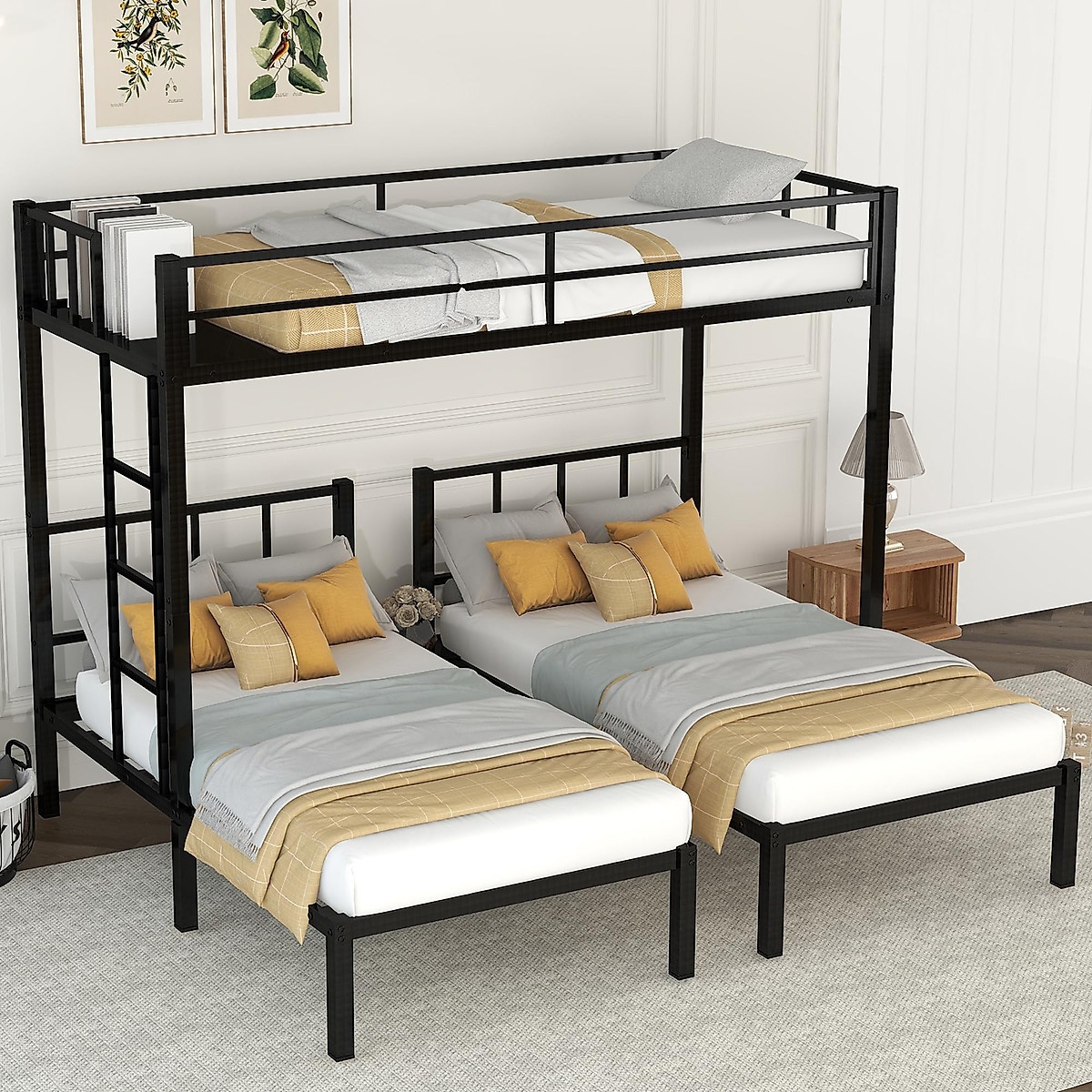 L Shaped Metal Triple Bunk Bed for 3 Kids, Twin over Twin & Twin Bunk Beds with Build in Ladder and Guardrails, Twin over Twin & Twin XL Triple Bunk for Kids, Teens, Adults, Black Triple Bunk Bed