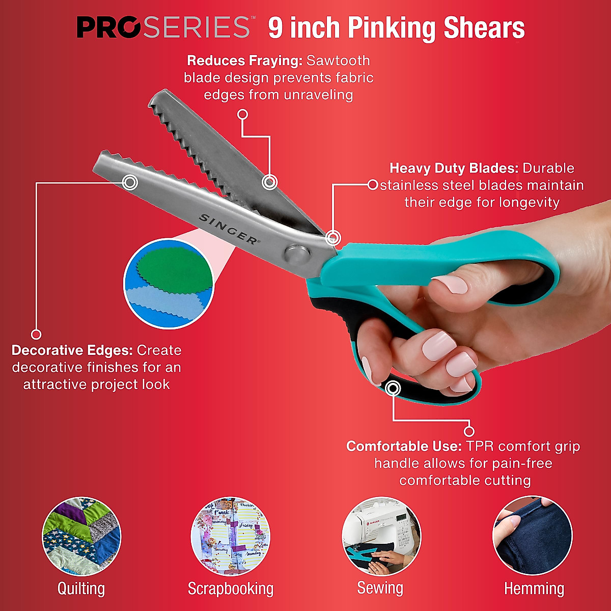 SINGER ProSeries Scissors Set - 9” Pinking Shears, 8.5” Heavy Duty Scissors & 4.5” Detail Scissors - Stainless Steel, Comfort Grip for Quilting, Dressmaking & Tailoring - Professional Cutting Tools