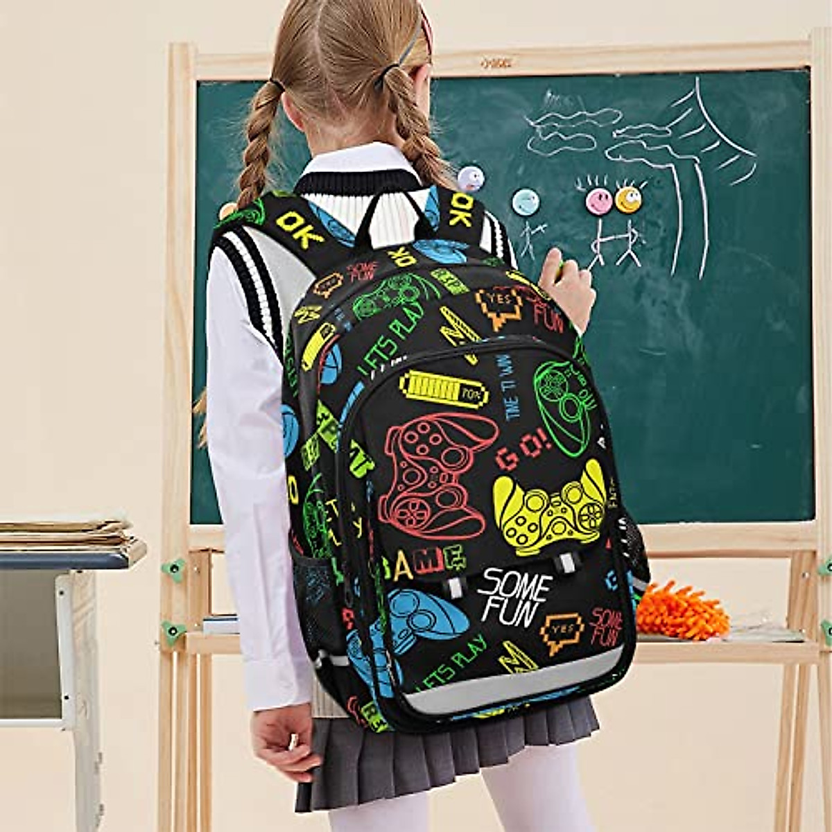 Vnurnrn Kids Backpack Abstract Pattern in Game Style Print Big Storage Multi Pockets 17.7 IN School Backpack with Chest Buckle Reflective Strip for Boys Girls 6+ years in Primary Middle High School