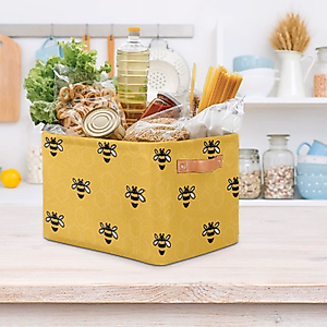 Storage Baskets with Handles, Bee Yellow Storage Cube Rectangular Fabric Collapsible Toy Storage Bin Organizer for Closet Shelf Laundry Nursery Kids Bedroom, 15x11x9.5 In,1 Pack