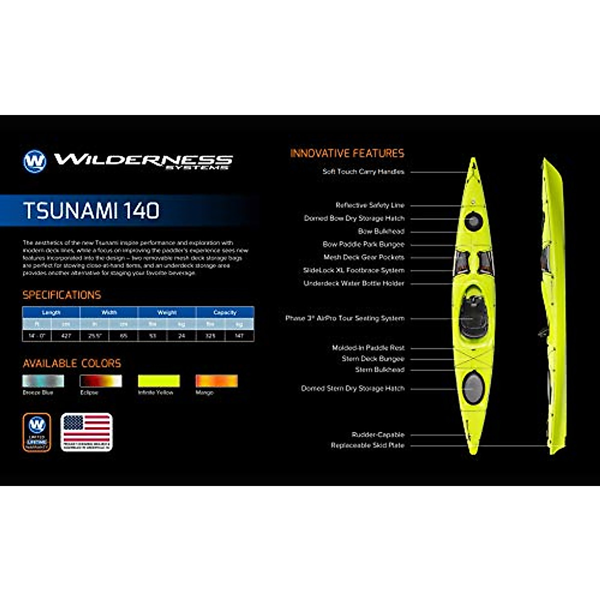 Wilderness Systems Tsunami 140 | Sit Inside Touring Kayak | Multiple Storage Options - Phase 3 Air Pro Seating | 14' | Mango
