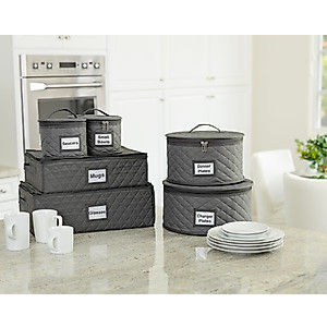 2 Pack 6" Small Plate Storage Case - China Storage Container - Stackable With Padded Interior to Store Dinnerware Dishes - 24 Felt Dividers Included - Gray - Great for Saucers and Small Bowls