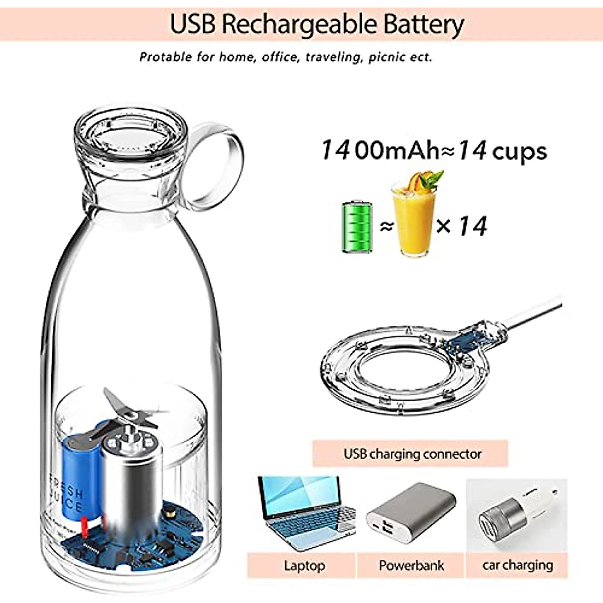 Personal Size Blender, Portable Blender, Battery Powered USB Blender, with Four Blades, Mini Blender Travel Bottle for Juice, Shakes, and Smoothies (Pink)