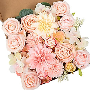 PERFNIQUE Pink Artificial Flowers Combo Box, Set of 47pcs Faux Flowers, Fake Floral Arrangements for DIY Wedding Bouquets Centerpieces with Roses, Baby Shower Party Home Decorations(Peach Pink)