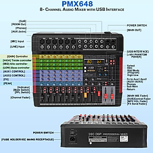 Pyle Professional DJ Audio Mixer Controller - 8-Channel DJ Controller Sound Mixer w/ DSP 380 Preset Effects, Recording, USB, 6 XLR Mic/Line Input, AUX, FX Processor MP3 Player, Headphone Jack PMX648