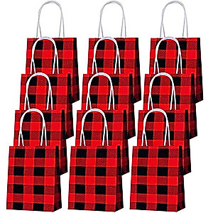Cooraby 30 Pieces Mini Red and Black Plaid Bag Paper Party Kraft Christmas Bags with Handle for Birthday, Wedding, Party Celebrations