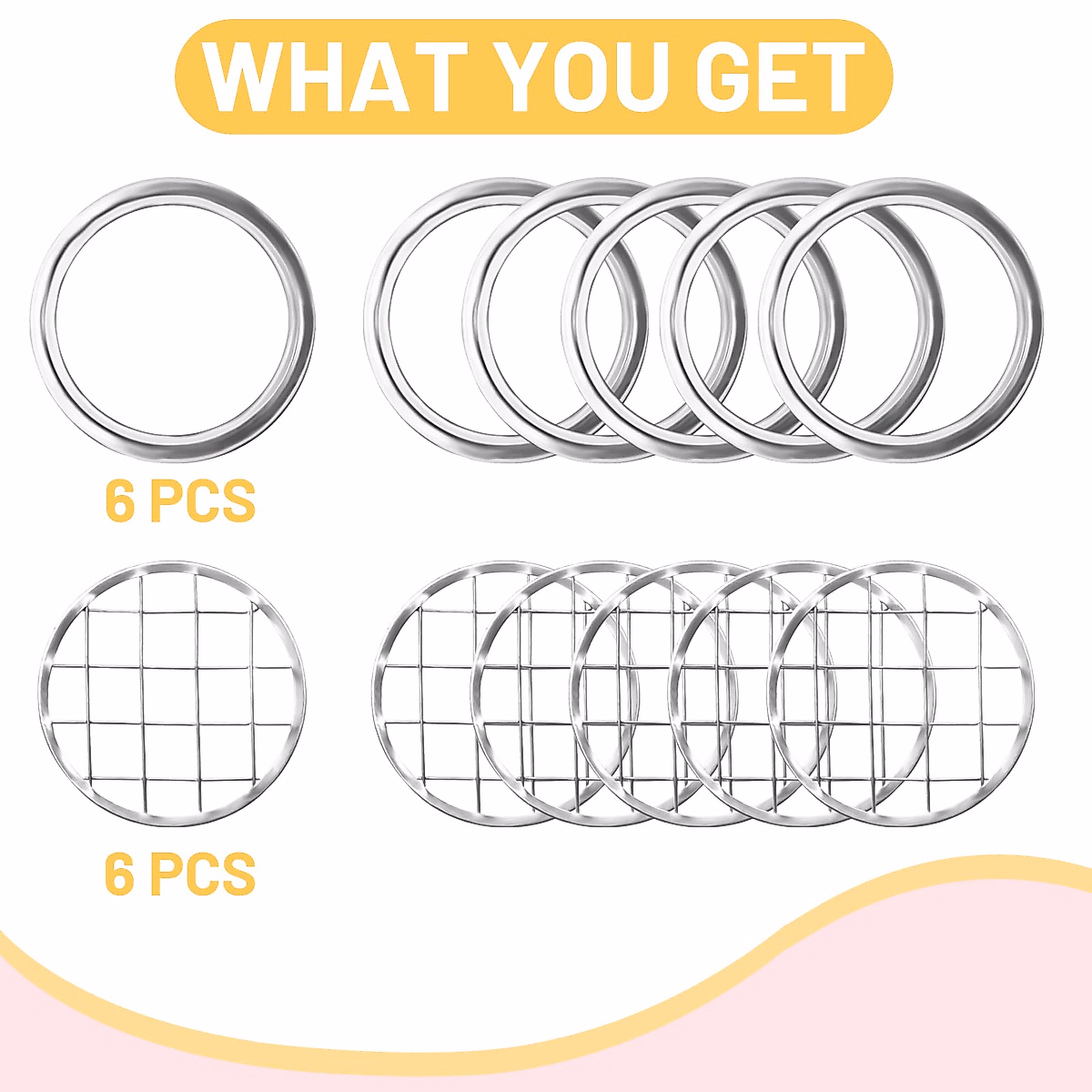 Cinvo Flower Mason Jar Insert Lid Metal Flower Organizer Frog Lid for Regular Mouth Mason Canning Jars Bouquet Easy Flower Arranging(6 Set Rings and Separate Lids)