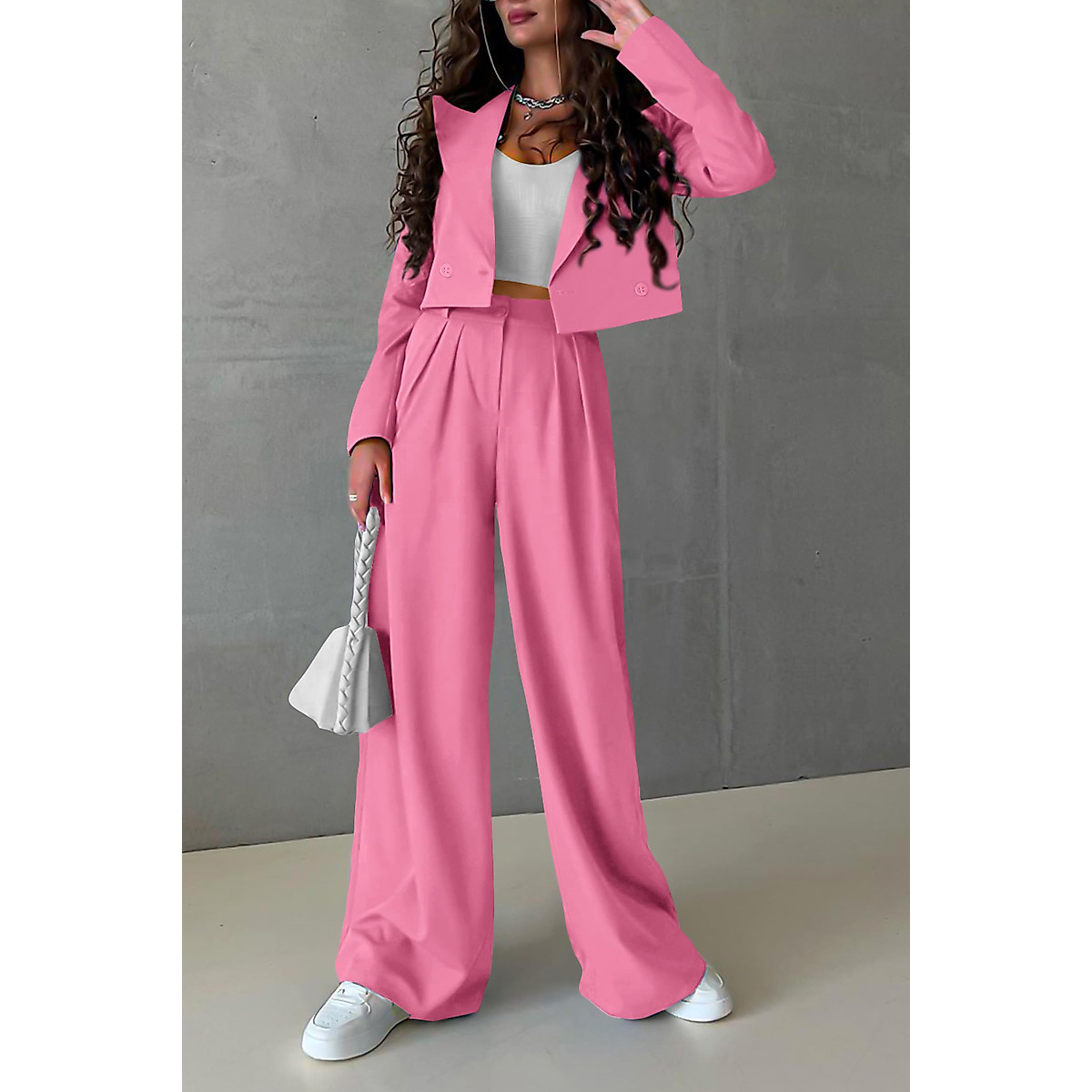 PRETTYGARDEN Women's 2 Piece Casual Outfits Cropped Blazer Jackets High Waisted Wide Leg Work Pants Suit Set (Pink,Medium)