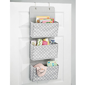 mDesign Fabric Baby Nursery Hanging Organizers for Over The Door Storage for Kids - 3 Pocket Organizer Caddy with Hooks for Clothing, School, Diaper, Toy, and Outfit Storage - Polka Dot, Gray/White