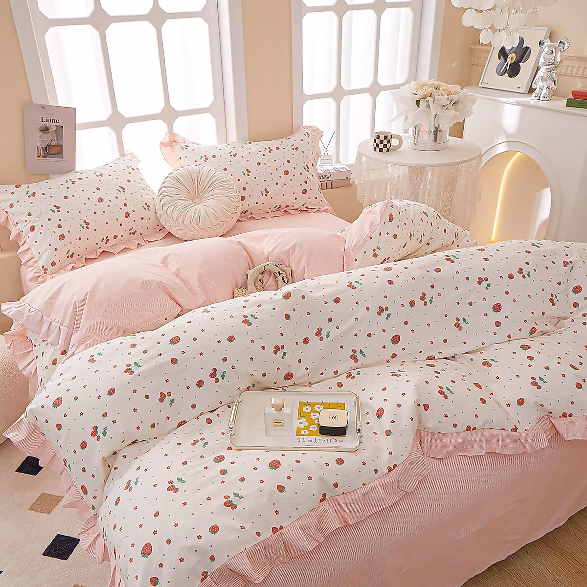MKXI Strawberry Comforter Set Full Size Pink White Floral Comforters Kawaii Fruits Artistic Bedding Set Princess Bed Comforter with Ruffles Girls Pink Flowers Bedding Comforter Duvet Set