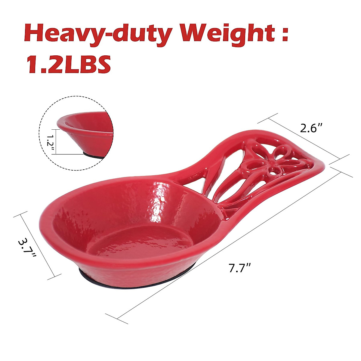 Spoon Rest for Stove Top - Vintage Robust & Unbreakable Cast Iron Spoon Rest Ladle Holder for Kitchen Counter with Flower Pattern, Red