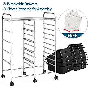 Yaheetech 15 Drawers Rolling Storage Cart Multipurpose Mobile Rolling Utility Storage Organizer Cart Tools Scrapbook Paper Organizer on Wheels, Black