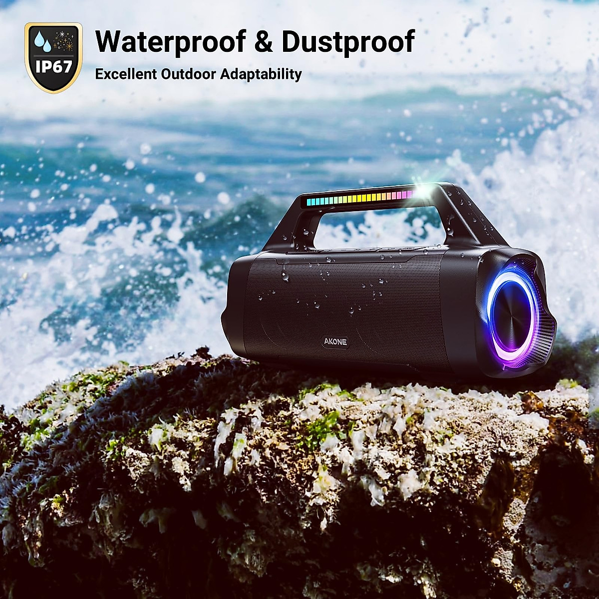 AKONE Portable Bluetooth Outdoor Speaker: 80W Loud Sound Wireless Durable Large Bocina with Lights Powerful Deep Bass Subwoofer TWS Stereo Sound Big Boombox Waterproof for Party Beach Camping Garage