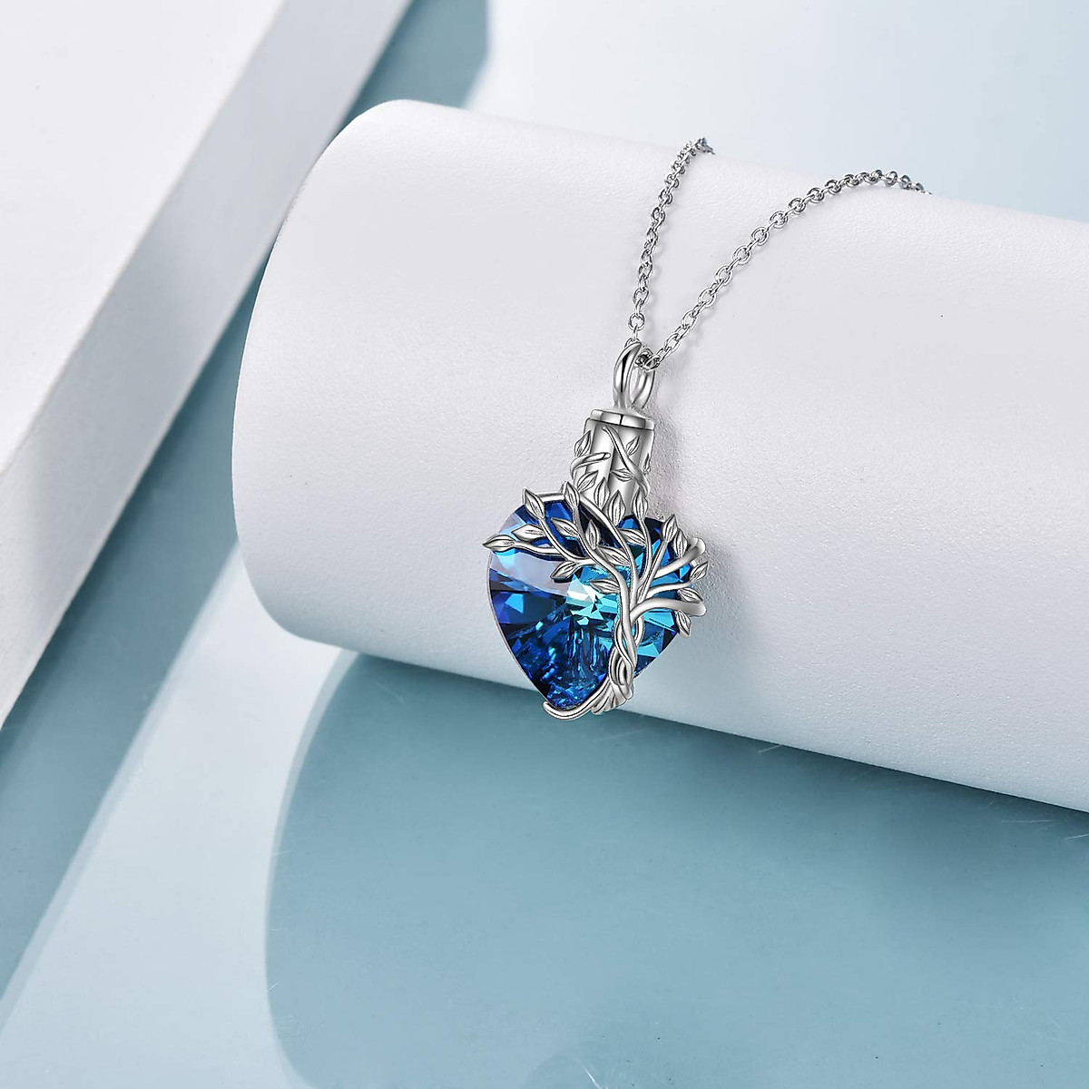 TOUPOP Heart Cremation Jewelry Sterling Silver with Blue Crystal Tree of Life Urn Necklace for Ashes w/Funnel Filler Jewelry Gifts for Women