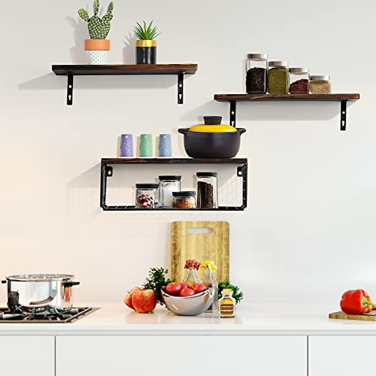 Floating Shelf ,Floating Shelves Wall Mounted Set of 3 ,Solid Wood Floating Shelves with Brackets and Basket Set,Rustic Wood Wall Shelves for Kitchen Living Room,Bedroom Shelves,Bathroom Shelf (Black)