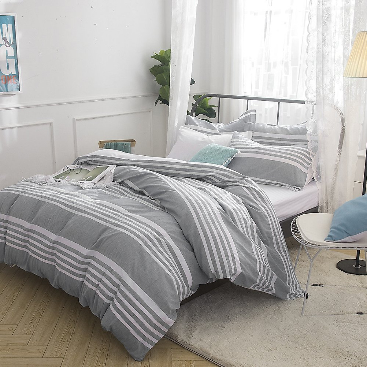 Merryfeel Cotton Duvet Cover Set,100% Cotton Seersucker Stripe Duvet Cover Set, Yarn Dyed Bedding Set,3 Pieces - Full/Queen - Grey