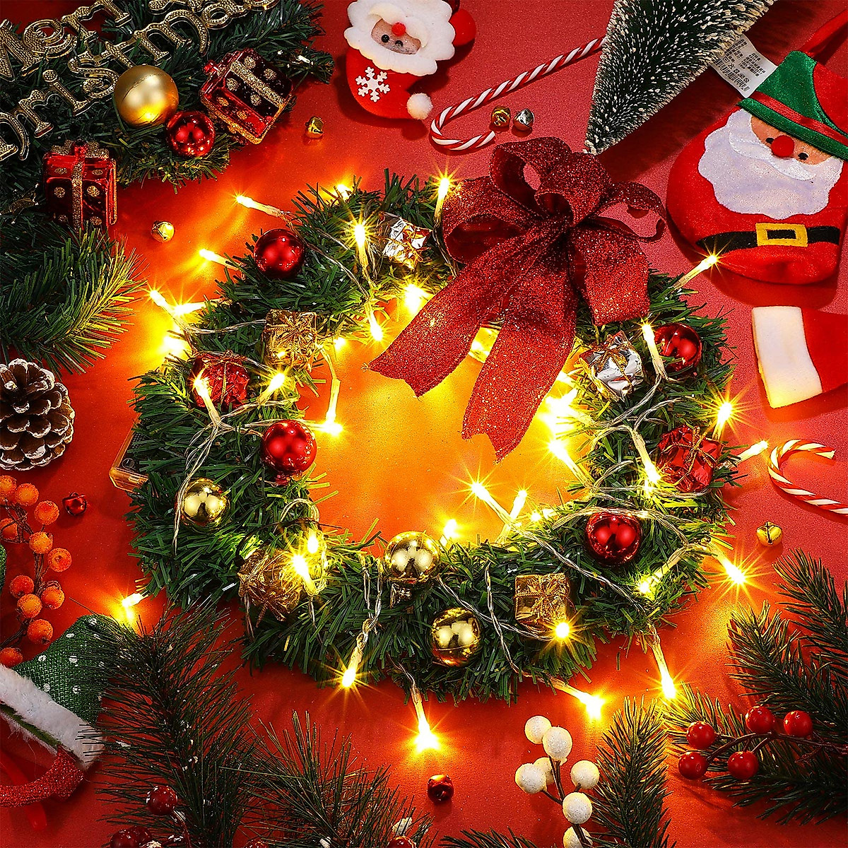 Datanly Christmas Car Wreath Decorative LED Lighted Car Wreath Bell Red Bow Wreath Christmas Decorations for Car Truck SUV Mounting Equipment, 11.8 Inches