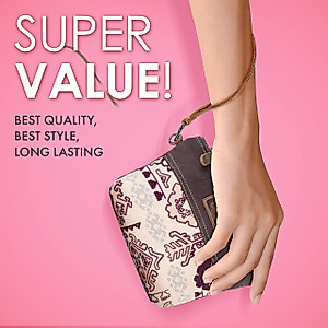 SIXTEASE Women's Fashion Wristlet Small Clutch With Wrist Strap - Vintage Style Zipper Made with Genuine Leather, Upcycled Canvas, Rug, or Hair On - Unique Designs, Hand Stitched - Iris