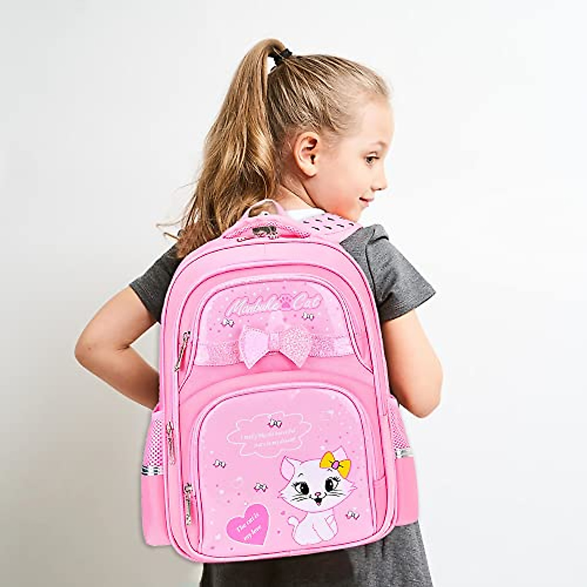 MOCCNORA Girls Backpack 16 Inch Cute Cat Backpack for Girls Princess Bowknot Backpack with Lunch Bag for Primary Students