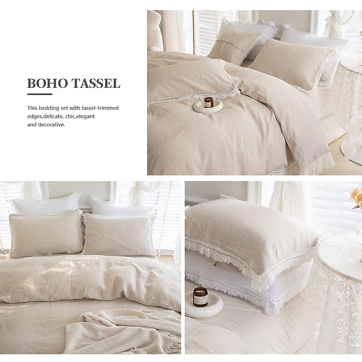 Simple&Opulence 100% Linen Boho Duvet Cover,3pcs Bohemian Textured Collection Bedding Set for All Seasons,French Country Comforter Cover Set with Pillow Shams (Queen, Tassel-White)