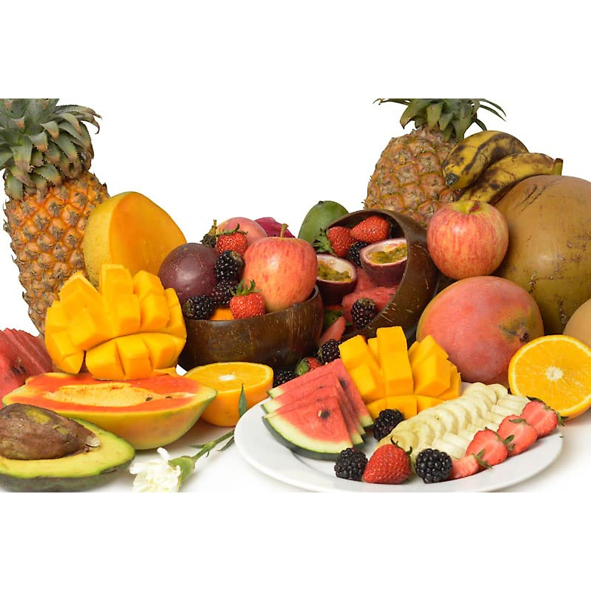 Coco TropEco Coconut Bowl Set of 4 - Handmade Bowls From Natural Coconut Shells + Wooden Spoons + Wood Forks and Bamboo Straws – Buddha Bowls Ideal for Acai Smoothie, Salad or Cereal – Polished –