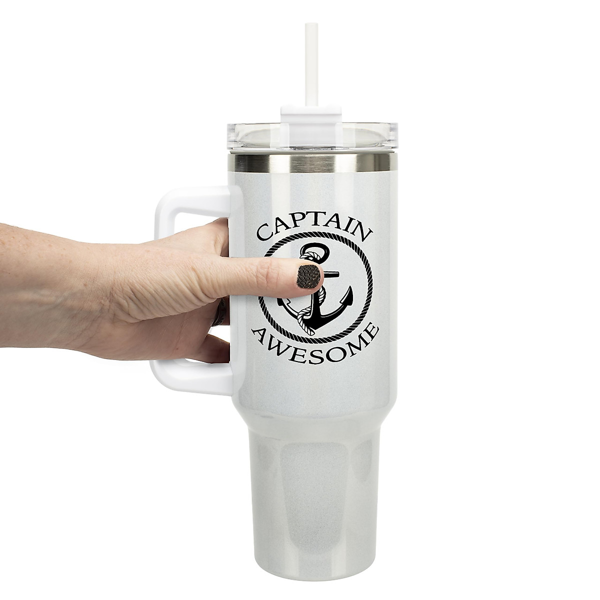 Elanze Designs Captain Awesome Nautical Anchor 40 oz. Stainless Steel, Large Water Bottle Coffee Mug, Spill & Leak Resistant, Thermal Travel Tumbler with Handle, Lid & Straw, White Shimmer