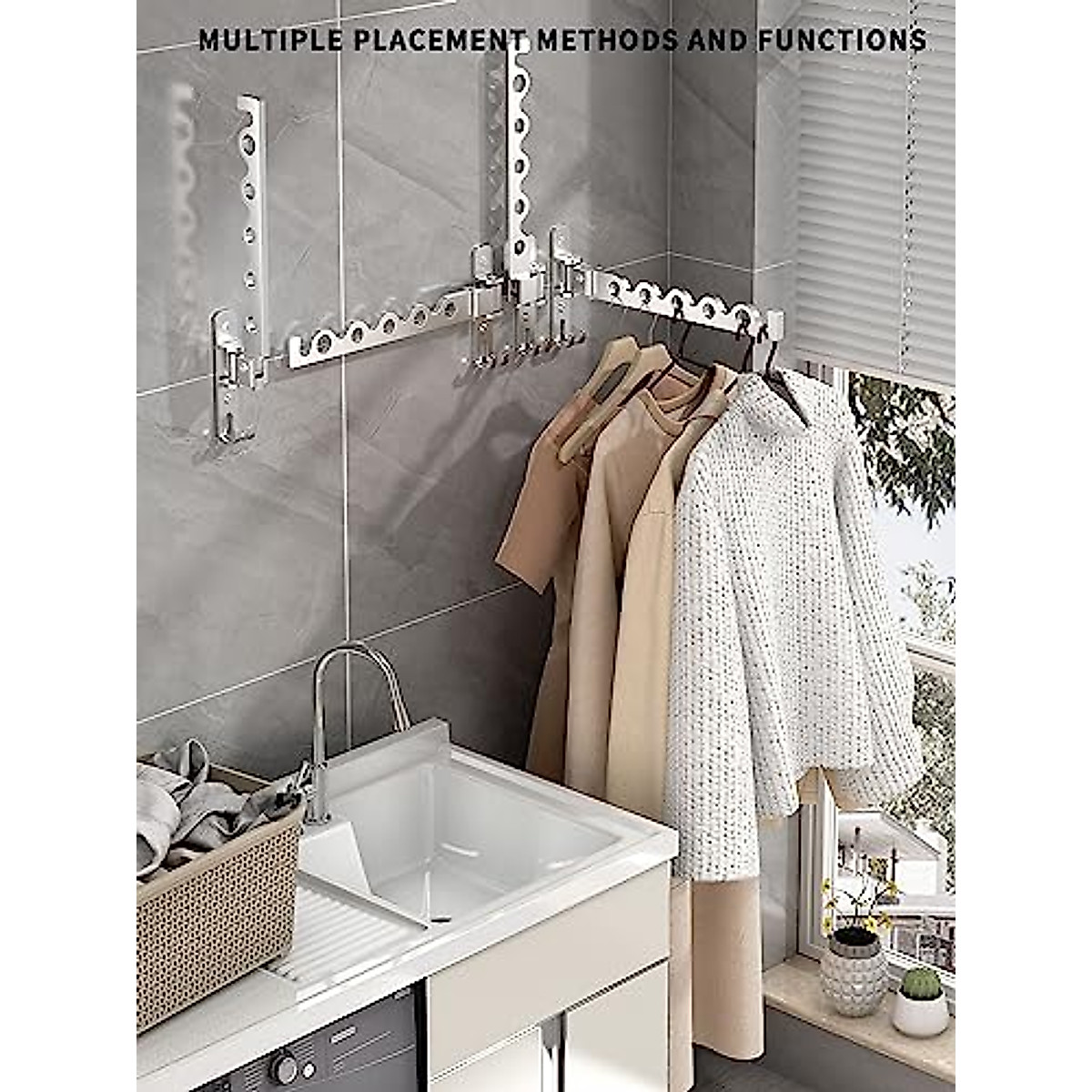 Dr.DJ Wall Hanger for Clothes, Coat Hanger Wall Mounted Silver Retractable Clothes Drying Organizer Rack Garment Hooks Aluminium Folding Indoor Wall Wall Hanger Space Save (2 Racks)