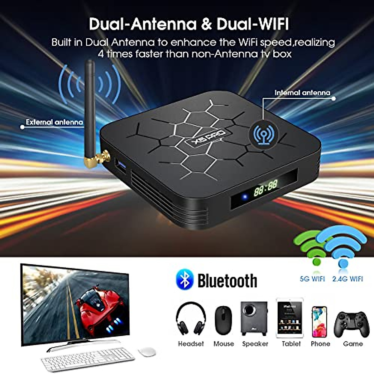 Android TV Box, X6 PRO Android TV Box 4GB RAM 32GB ROM Allwinner H6 Quad-Core 64Bits , 2.4G/5.8GHz Dual-Band WiFi with BT 3D/4K Full HD/H.265/USB3.0 Android Box