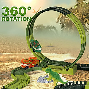 Dinosaur Track Toy Set, 194pcs Flexible Track Toy Set with Dino Car, 360 Degree Rotation Car Track Toy, Create A Dinosaur World Road Race, Dinosaur Toys Track for Kids Ages 3 4 5 6 7 Year Old Boy Girl