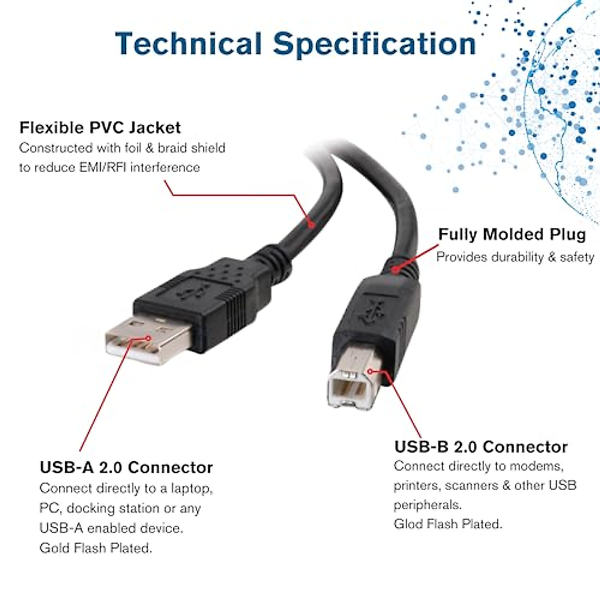 C2G USB Cable, USB 2.0 Cable, USB A to B Cable, 9.84 Feet (3 Meters), Black, Cables to Go 28103