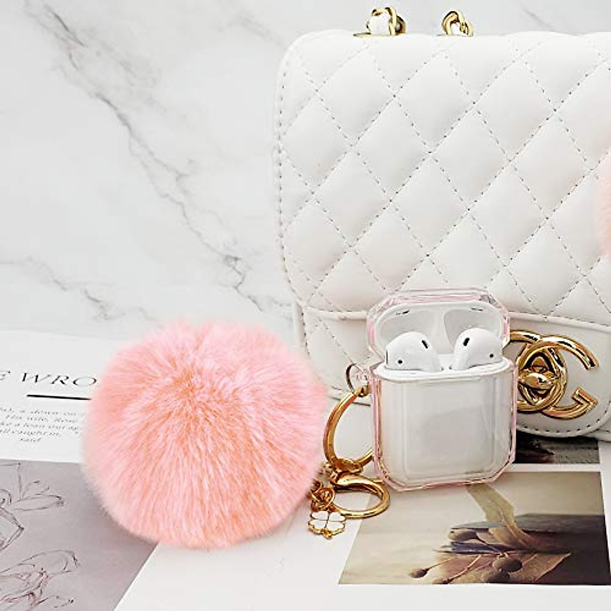 MOLOVA Case for Airpods 1 Case, Protective Soft TPU Clear Cover with Keychains Silicone Skin Cover with Cute Four Leaf Clover Fluffy Fur Ball for Kids Teens Boys Girls (Clear Pink)