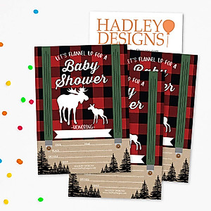 25 Lumberjack Moose Baby Shower Invitations, Sprinkle Invite For Boy, Coed Rustic Gender Reveal Theme, Cute Woodland Adventure DIY Fill or Write In Blank Printable Card, Animal Forest Party Supplies