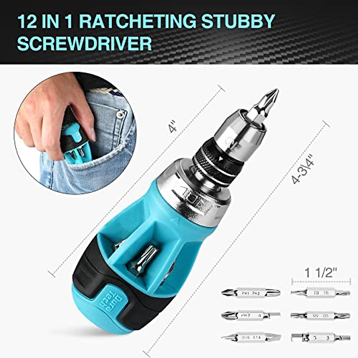 DURATECH Stubby Ratcheting Screwdriver, 12-in-1 Multi-bit Short Screw Drivers, Innovated Bits Quick-Load Mechanism, with Phillips, Slotted, Torx, Square Bits Stored in Handle