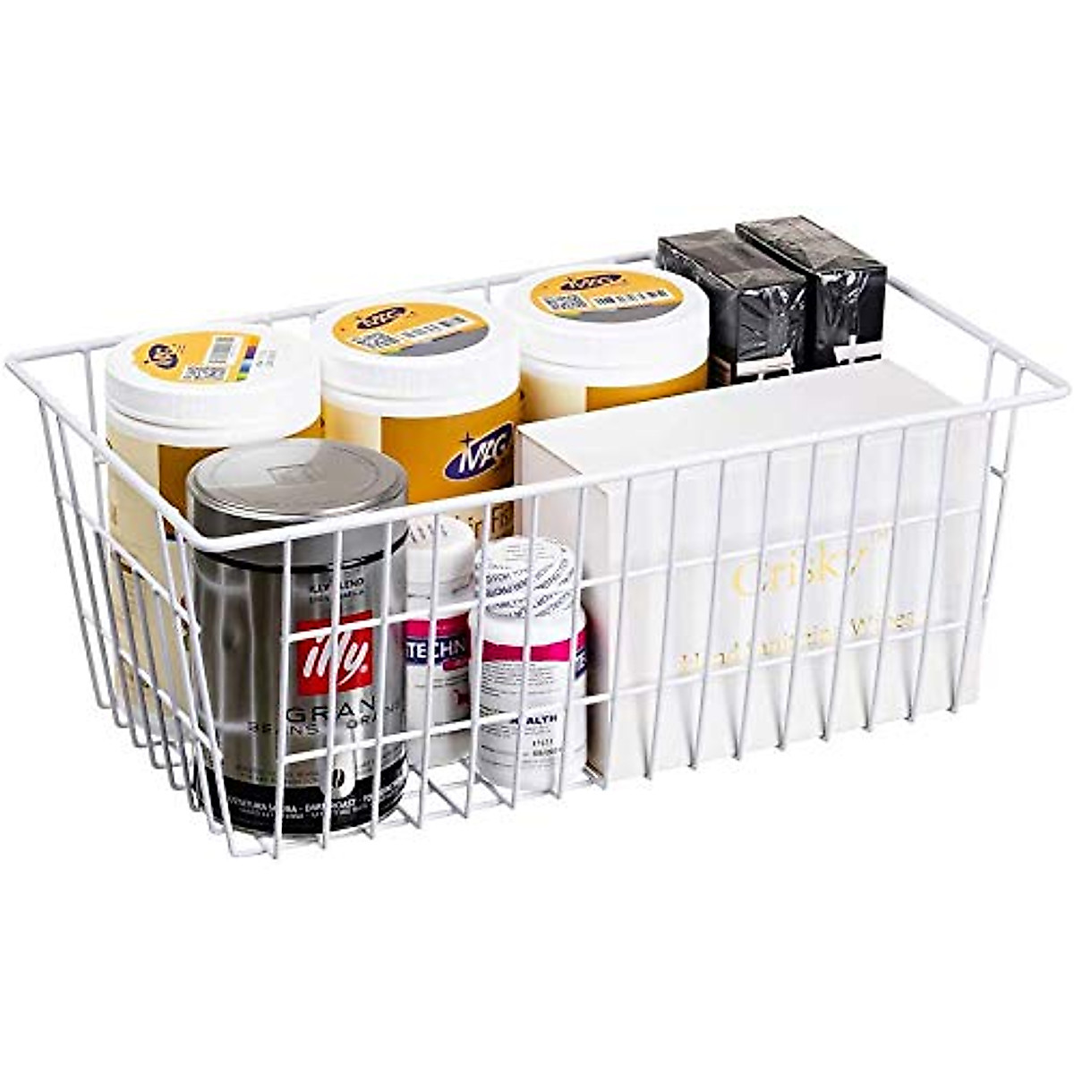 Slideep Farmhouse Metal Wire Basket, Fridge Freezer Storage Organizer Bins with Handles for Kitchen Cabinets, Pantry, Closets, Bedrooms, Bathrooms, White 3 Pack