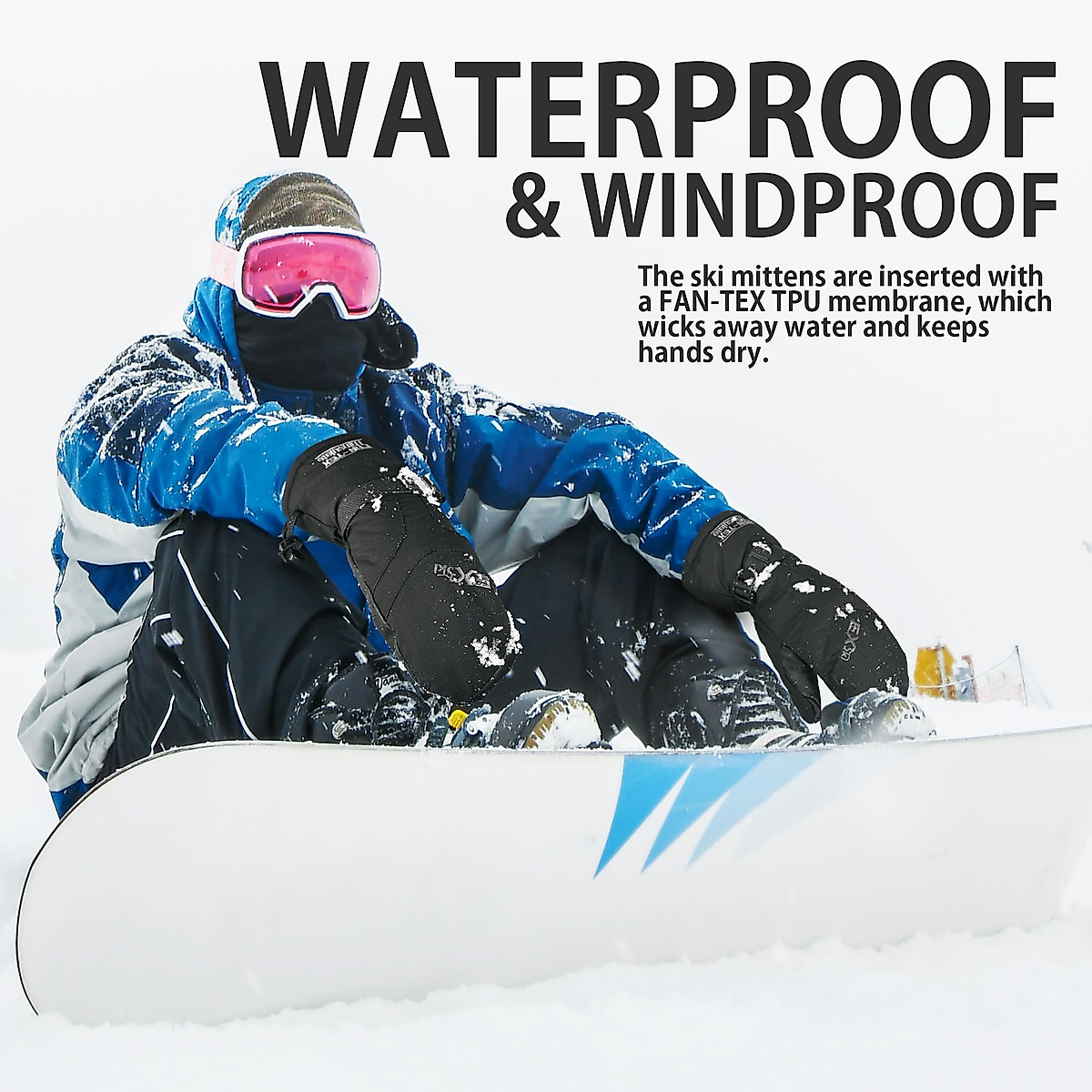 EXski Ski Mittens for Men, Waterproof Warm 3M Thinsulate Winter Snowboard Mitts with Wrist Leashes