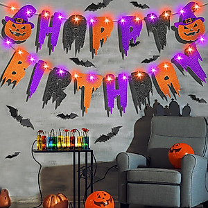 St Patrick's Day Happy Birthday Banner with Green Light, Glitter Irish Shamrock Hat LED Decorations, 8 Modes 10 Feet String Light Party Supplies(Pumpkin)