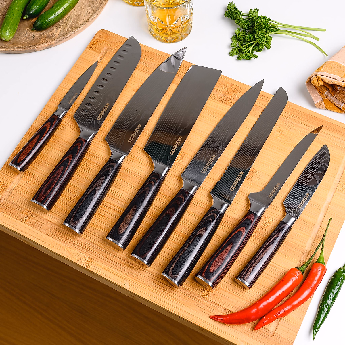 Seido Knives Master Chef Knife Set, 8-Piece Kitchen Knife Set, High-Carbon Stainless Steel Handmade Culinary Knives, Professional Chef Knives, Kitchen Knives