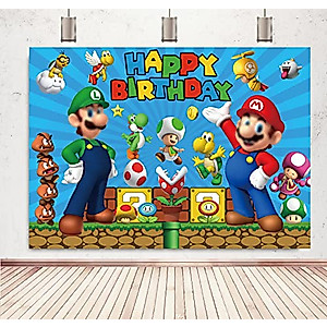 Super Brother Cartoon Backdrop Background Gold Coin Video Game Mushroom Blue Happy Birthday Backdrop for Kids Baby Shower Party Supplies Cake Table Banner Photo Booth Studio Props 7x5FT