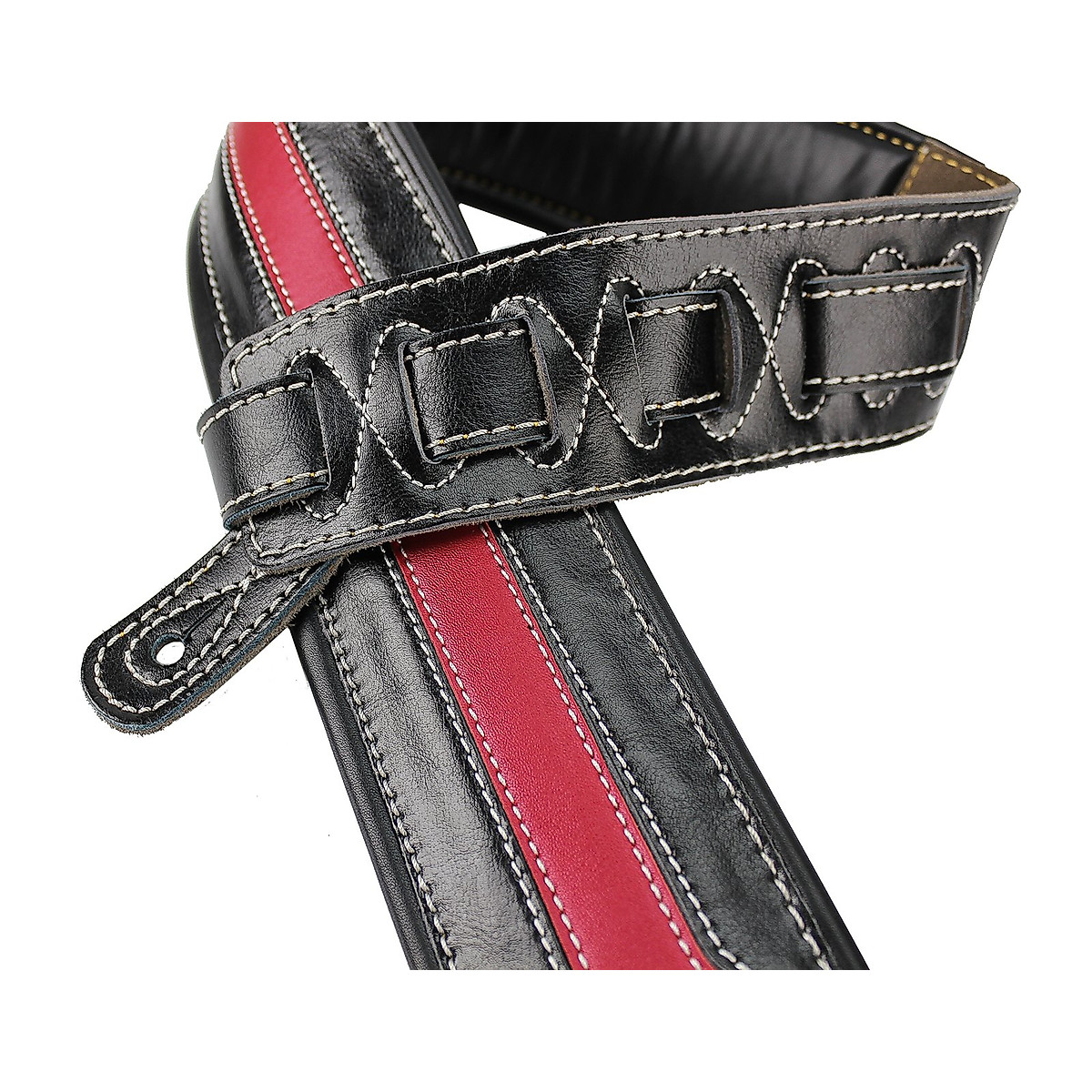Walker & Williams C-34 Handmade Red and Black Premium Signature Grain Leather Padded Strap 3 1/4" Wide For Acoustic, Electric, And Bass Guitars