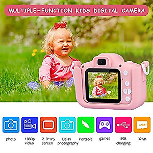 Kids Camera for Girls and Boys,1080P HD Digital Video Cameras for Toddler,Outdoor activity Anti-Drop Cartoon Camera 2.0 Inch Screen video recorder 3-12 Year Old kids Birthday Christmas Gift 32GB SD